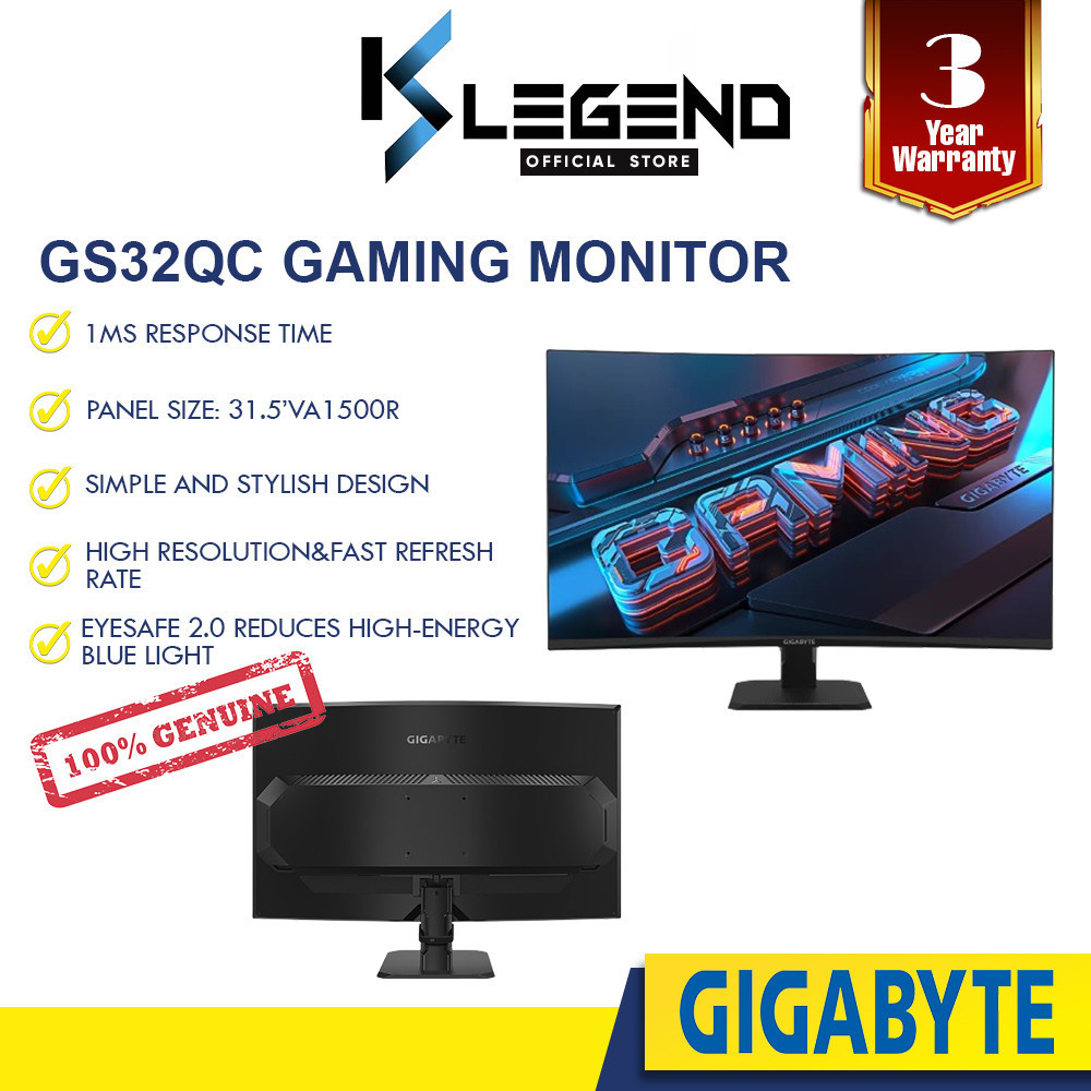 Gigabyte GS32QC 31.5" QHD 170HZ 1MS FREESYNC HDR VA 1500R Curved Gaming ...