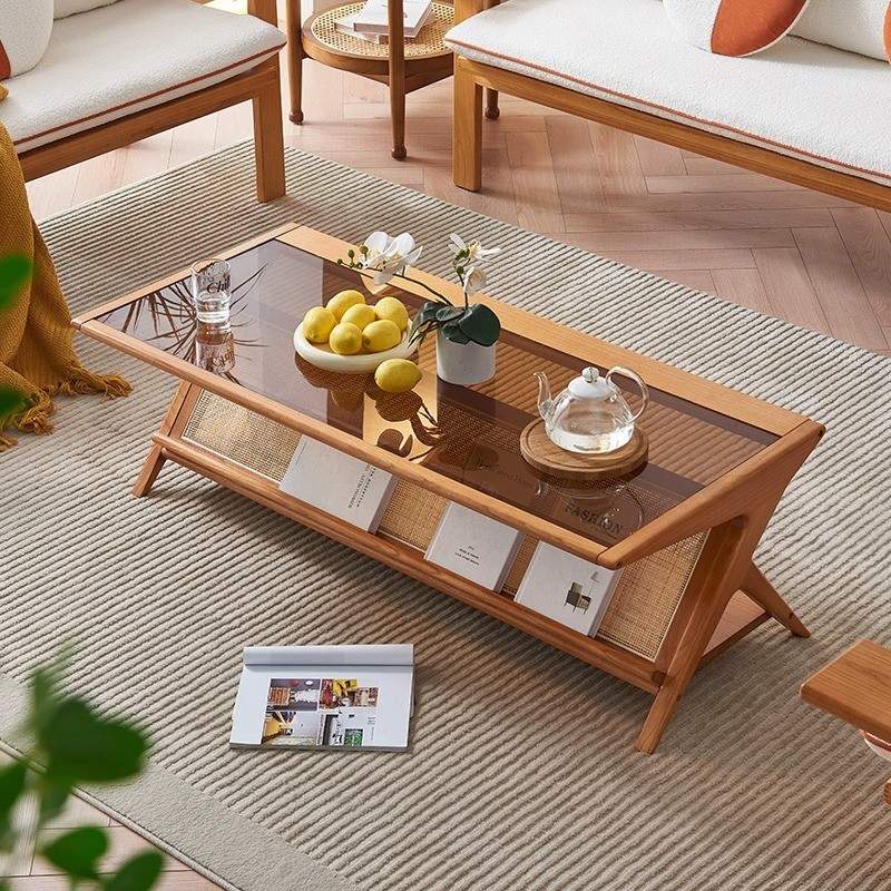Meja Kopi Kayu Pepejal Anyaman Rotan Ruang Tamu Rumah Pangsapuri Kecil ...