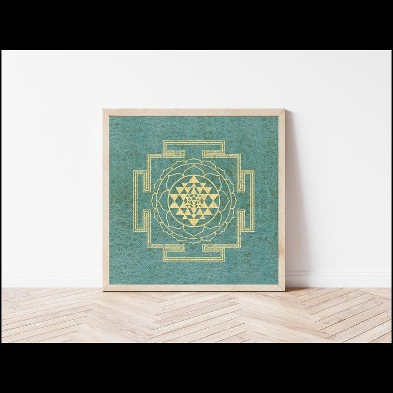 Karya Seni Kanvas Geometri Suci Sri Yantra dalam Warna Air Hijau ...