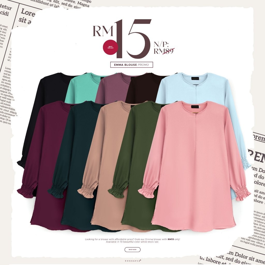 NURSAFIA BLOUSE EMMA II, MUSLIMAH BLOUSE, BLOUSE LABUH MUSLIMAH, BLOUSE ...