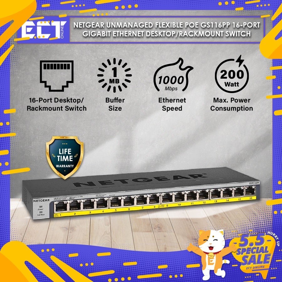 Netgear Unmanaged Flexible PoE GS116PP 16-Port Gigabit Ethernet Desktop ...