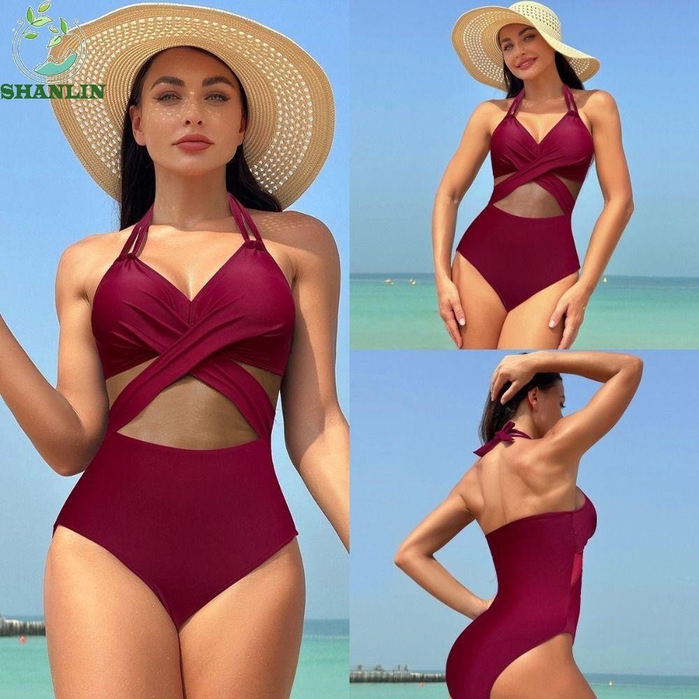 Shanlin Women One Piece Swimsuit Solid Color Self Tie Tummy Control
