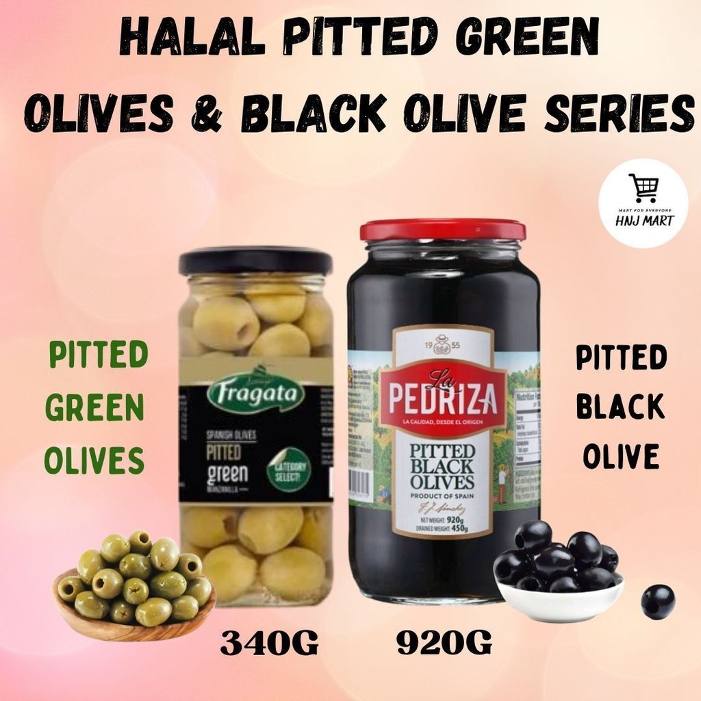 HALAL FRAGATA PITTED GREEN OLIVES QUEEN 340G / LA PEDRIZA PITTED BLACK OLIVE 920G Made In Spain ...