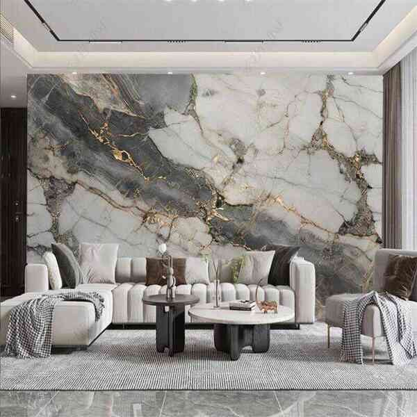 deko ruang tamu hiasan dinding Kertas dinding corak marmar Pandora ...