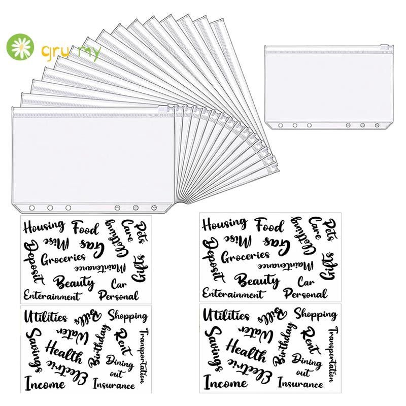 A6 Binder Pockets Zipper Folders with Cash Envelope Labels Stickers ...