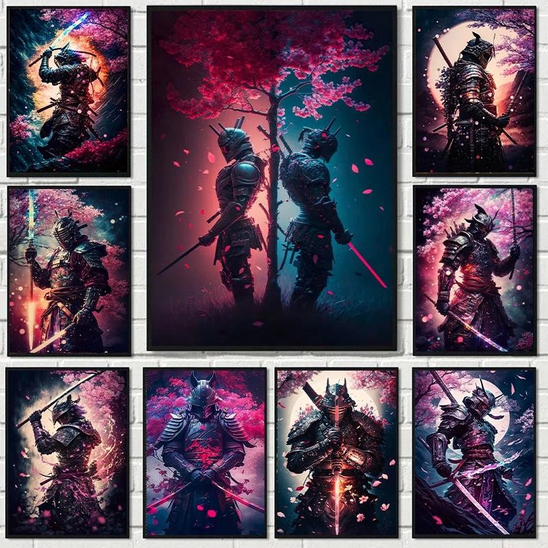 Poster dan Cetakan Samurai Jepun Bunga Sakura Kilatan Seni Dinding ...