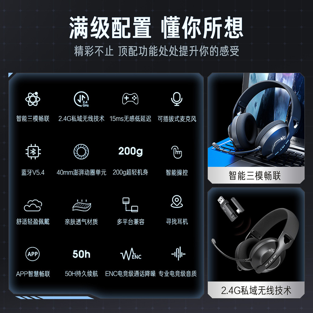 V1 Gray Mackerel Three-Mode Headset Gaming Headset 2.4G Low-Latency ...