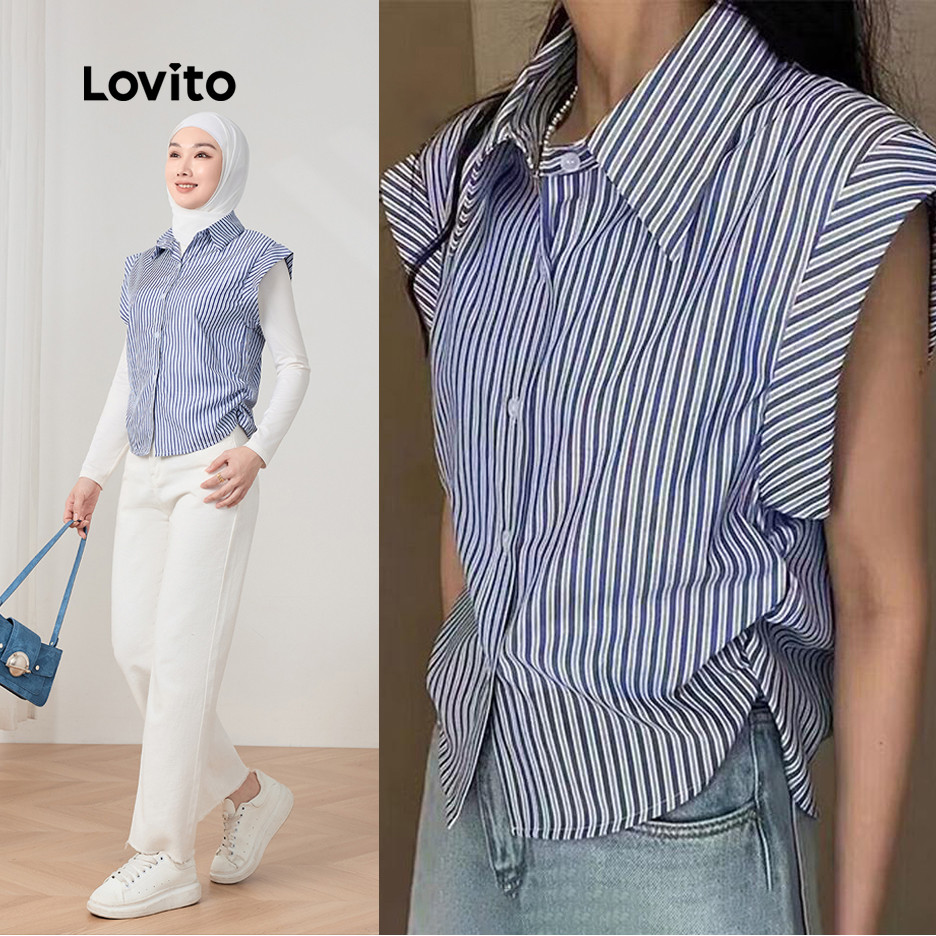 Lovito Casual Striped Geometric Ruched Button Blouse for Women LNE64424 ...