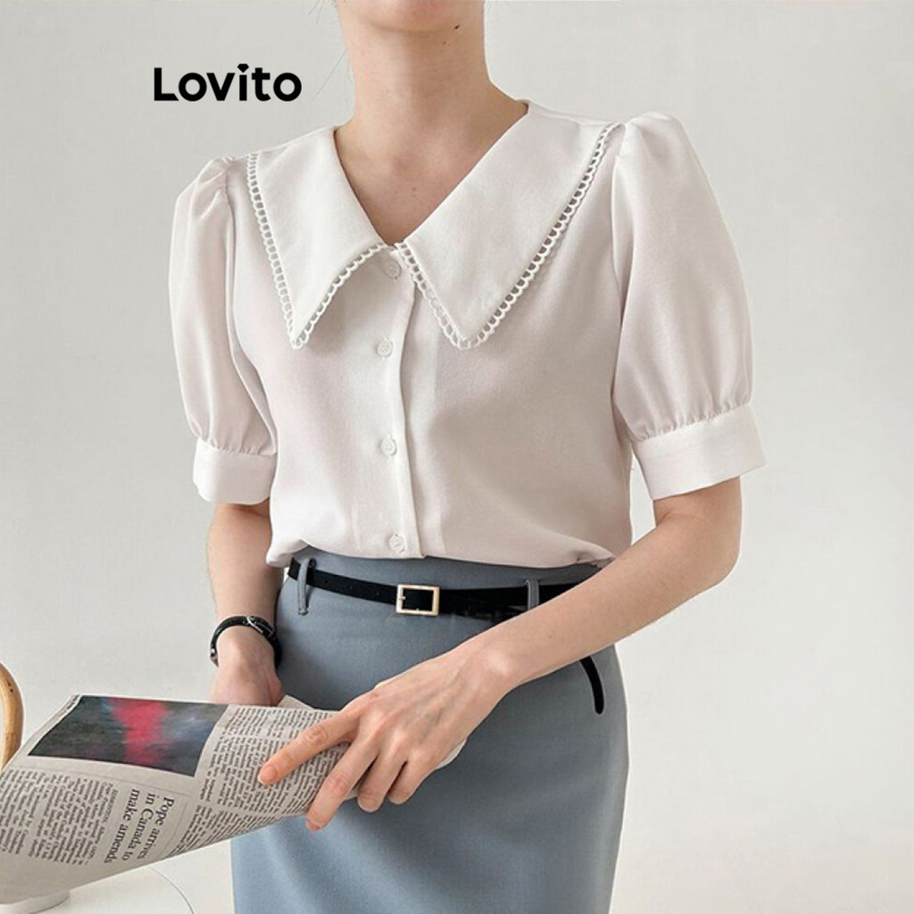 Lovito Elegant Plain Lace Puff Sleeve Blouse for Women L87ED102 Lovito ...