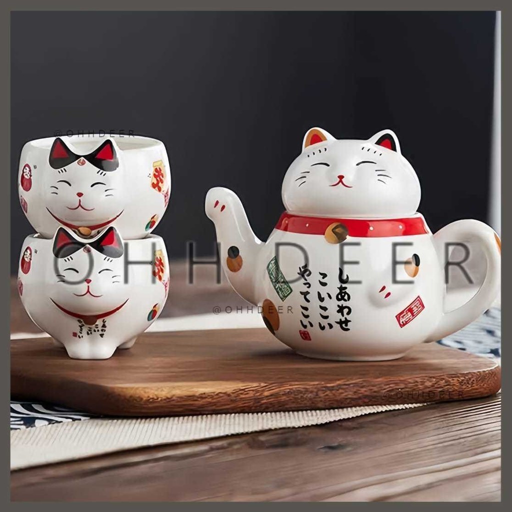 OHHDEER Cute Japanese Lucky Cat Porcelain Tea Set Creative Maneki Neko ...