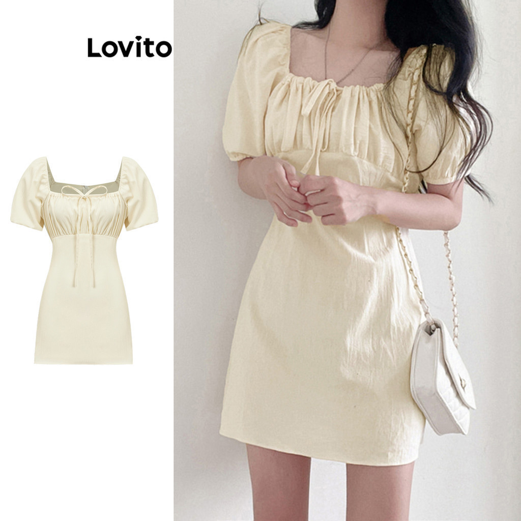Lovito Casual Plain Pleated Puff Sleeve Dress for Women L87ED142 Lovito ...