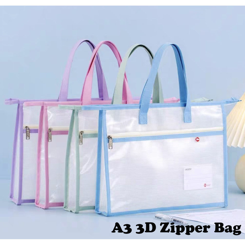 A3 3D Double Layer Mesh Zipper File Bag PVC Waterproof Transparent ...