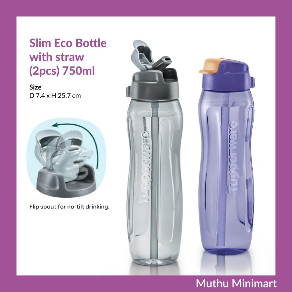 Original Tupperware | Slim Eco Bottle with straw 2pcs | Botol Air Botol ...