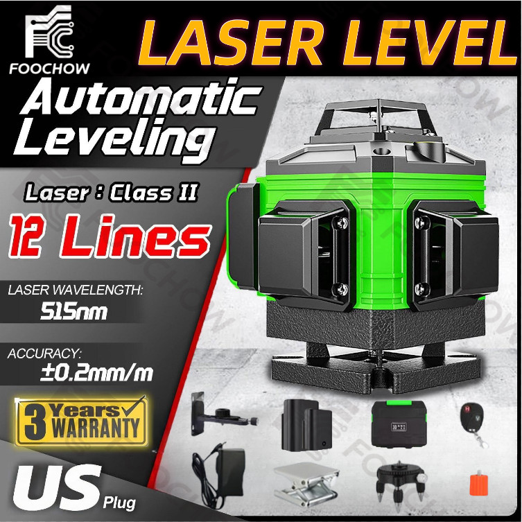 12 Line Laser Level Green Laser 360° Adjustable Self-Leveling Cross ...