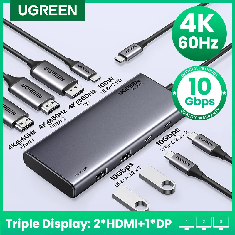 UGREEN Triple Display UsbC Husb 10Gbps 4K HDMI Adapter PD 100W 8-in-1 ...