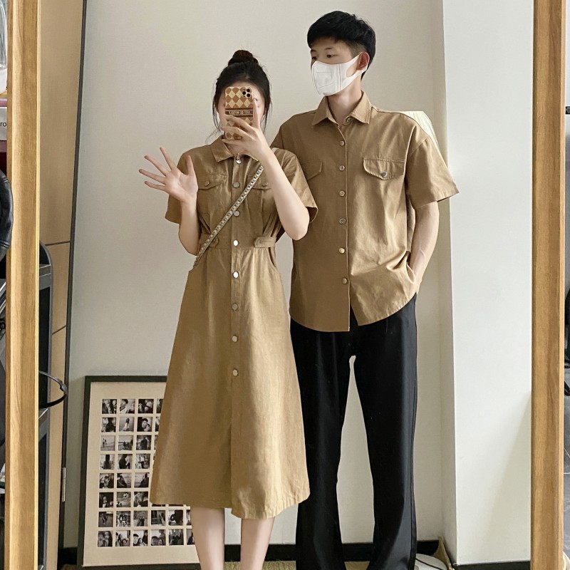 Retro Couple Wear Same Color Women's Long Dress Men's Shirt | Shopee ...
