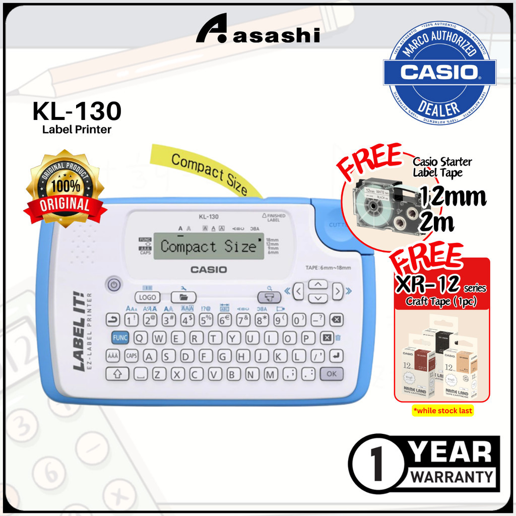 Casio KL-130 Label Printer / Label-Printer KL130 (Original) 1 Year Warranty (With Starter 12mm ...