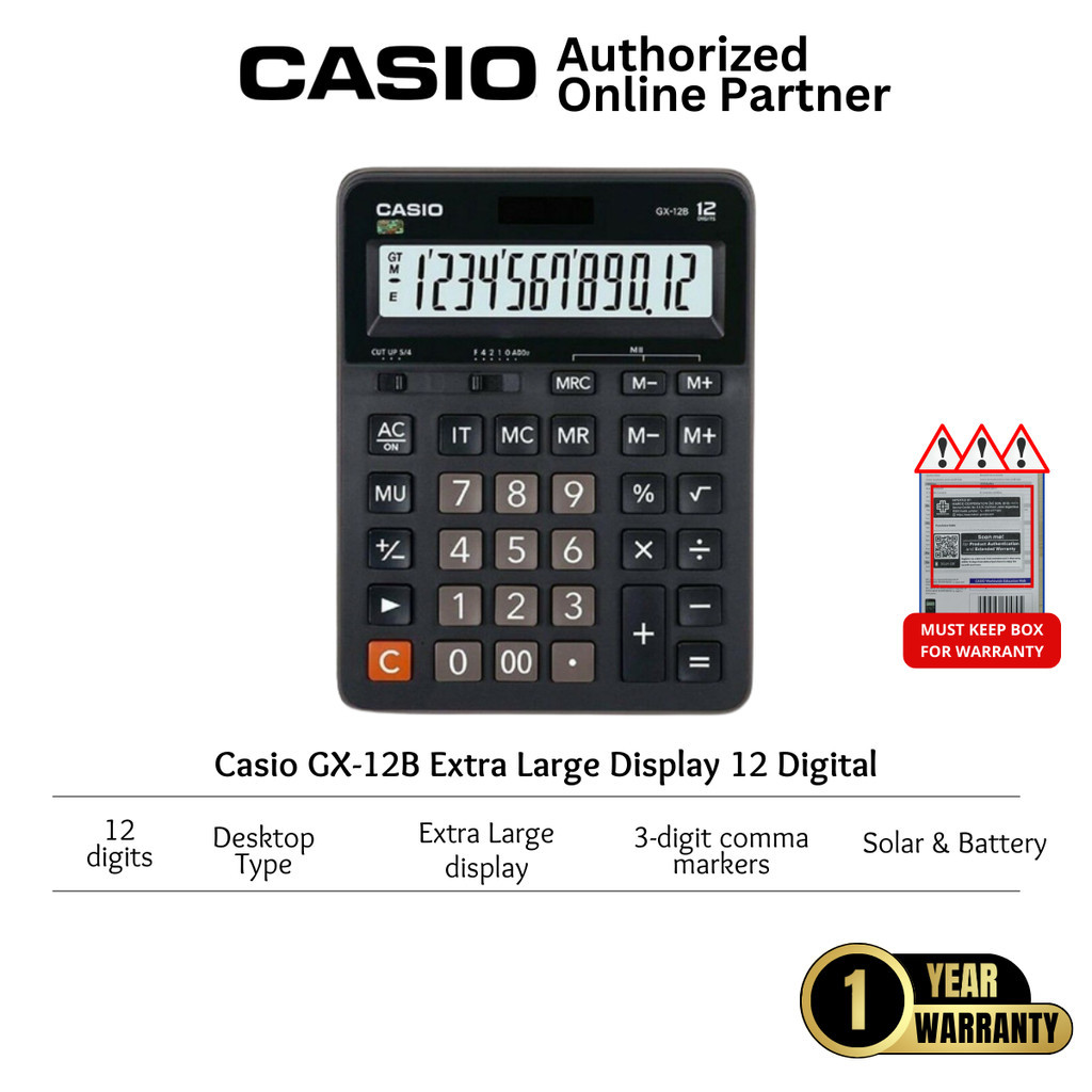 [12 Digits] Casio GX-12B Extra Large Calculator (12 Digit, 2 Way power) Original 100% (1 years ...