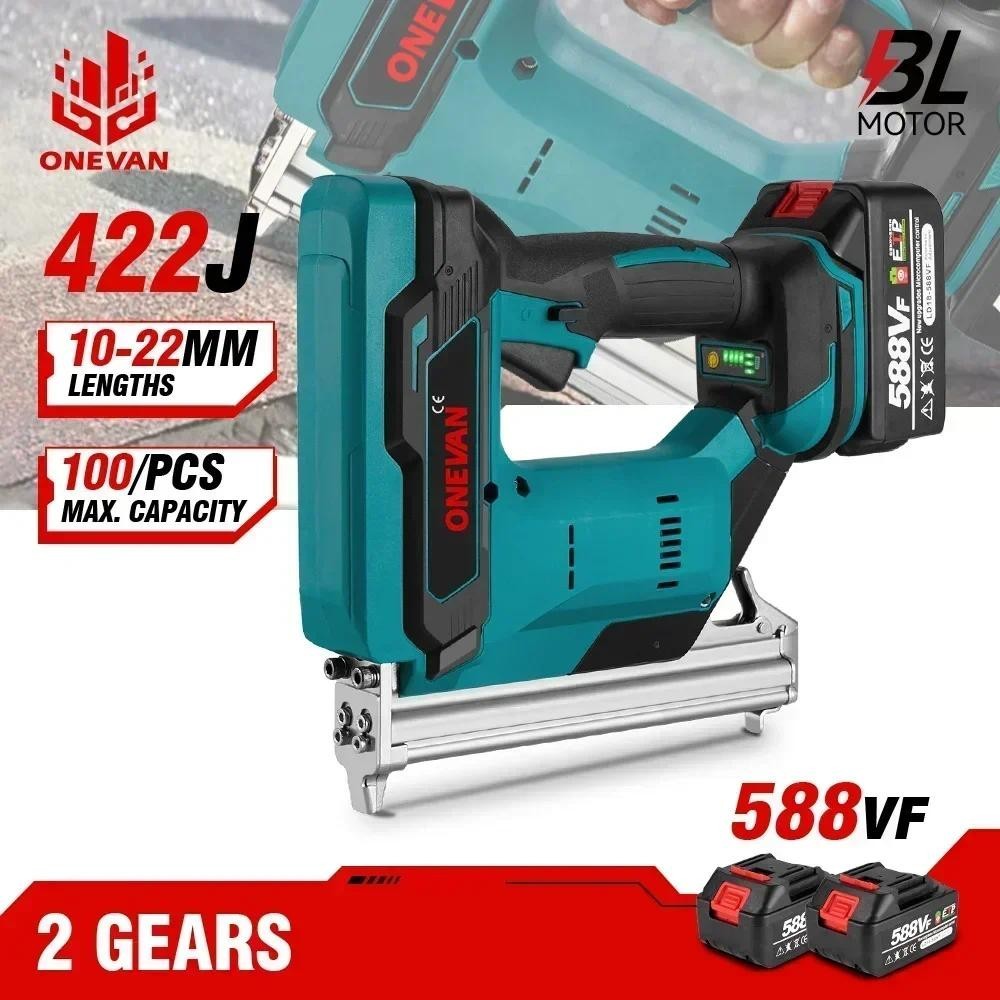 ONEVAN Brushless Electric Nail Gun 2Gears Cordless 422J Stapler Nailer ...