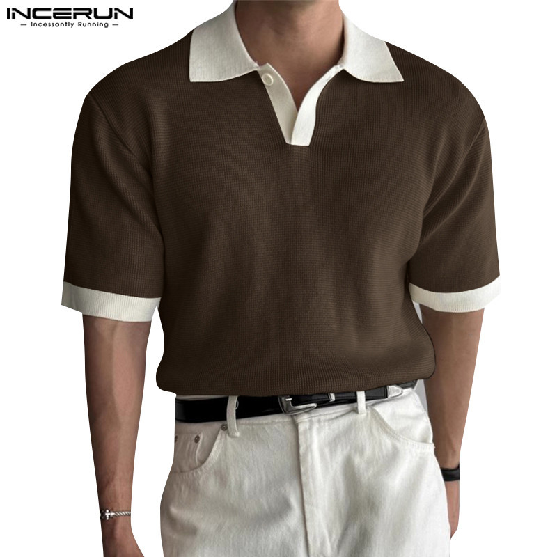 INCERUN Men Korean Casual Waffle Patchwork Short Sleeve Lapel POLO ...