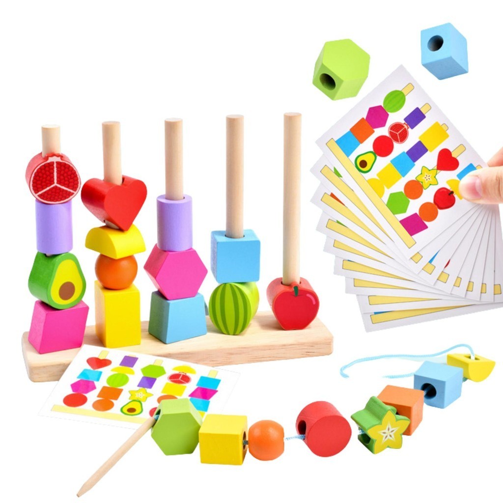 Wooden Five-Column Bead Stringing Educational Toy for Kids Colour Shape ...