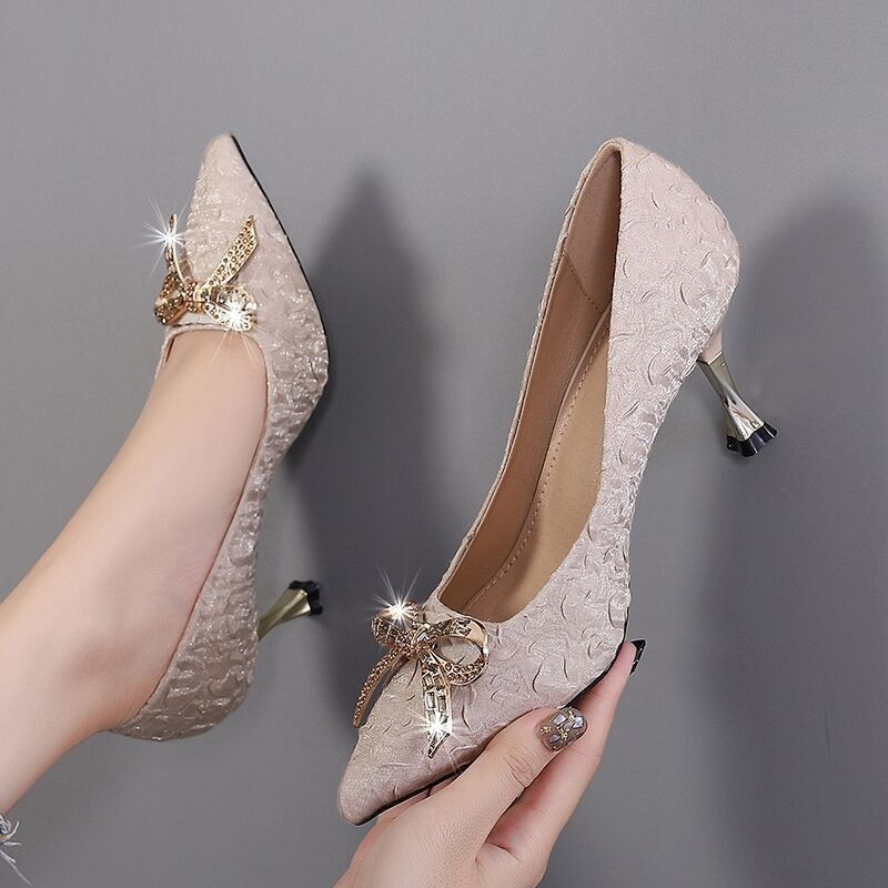 Rhinestone Square Buckle Pointed Toe Beige Workplace OL High Heels ...