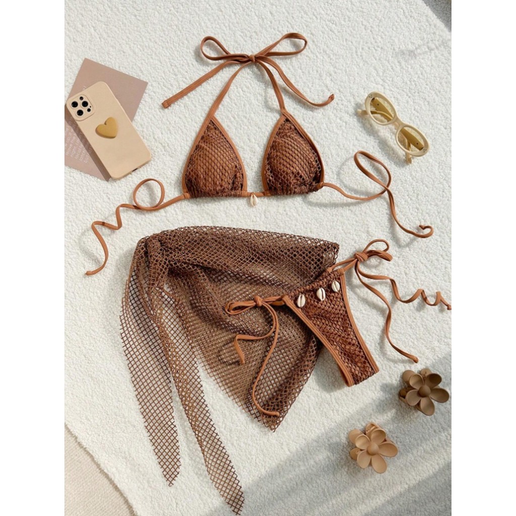 New Style Swimsuit Bikini Shell Fishnet Skirt Three-Piece Split Ladies ...
