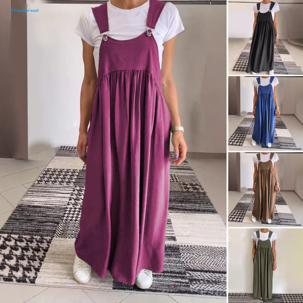 FRA Pleated Detail Long Dress Solid Color Maxi Dress Boho Chic ...