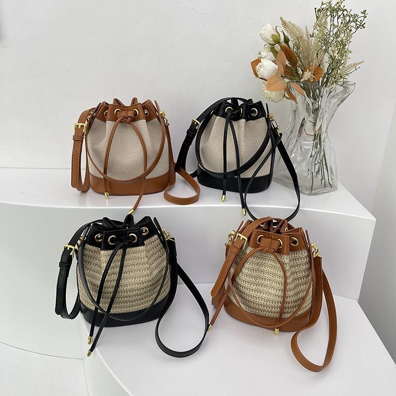 Retro Straw Bucket Bag Female New Style 2024 Seaside Vacation Portable ...