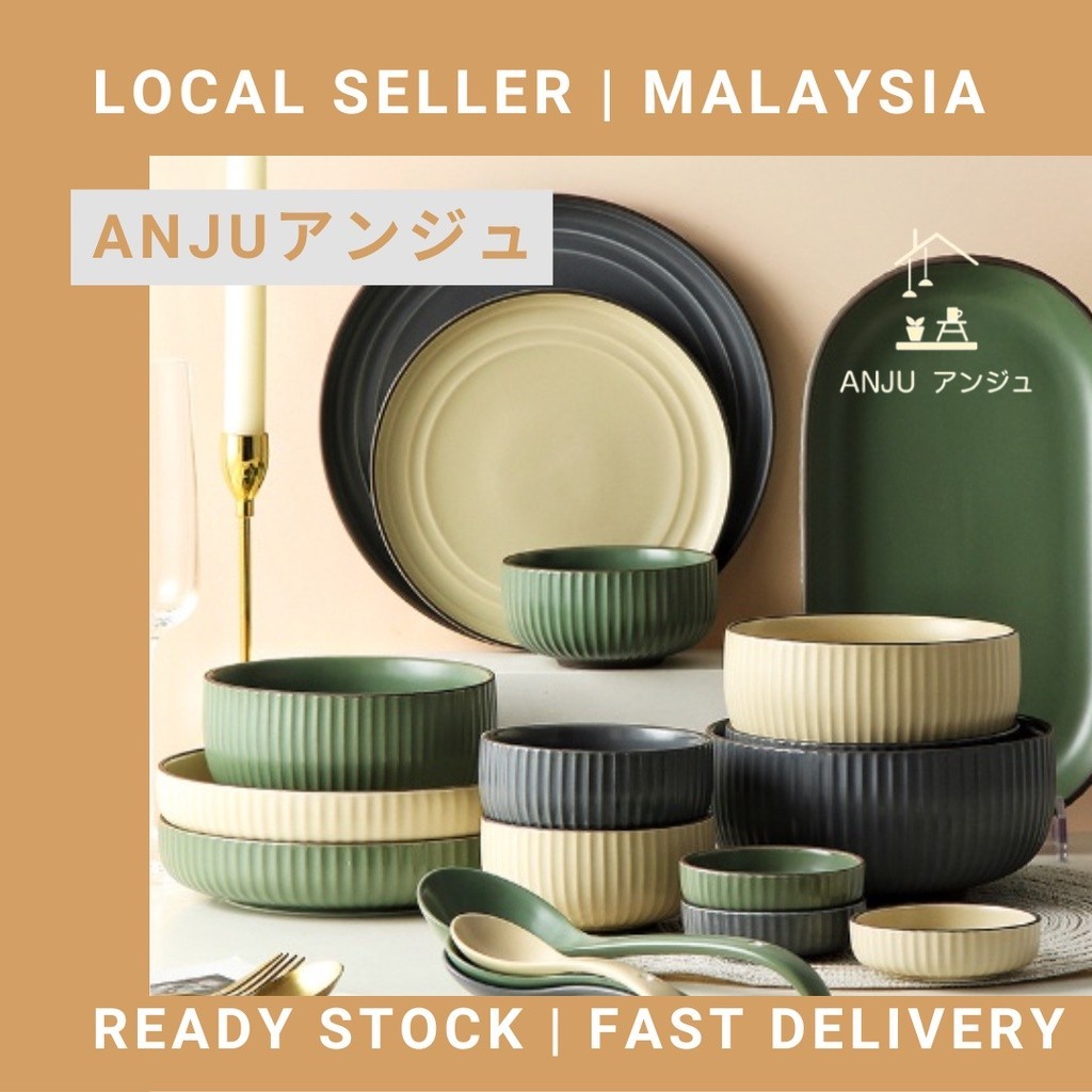 INS Style Ceramic Bowl Plate Nordic Stripe Rice Bowl Noodle Bowl Sauce ...