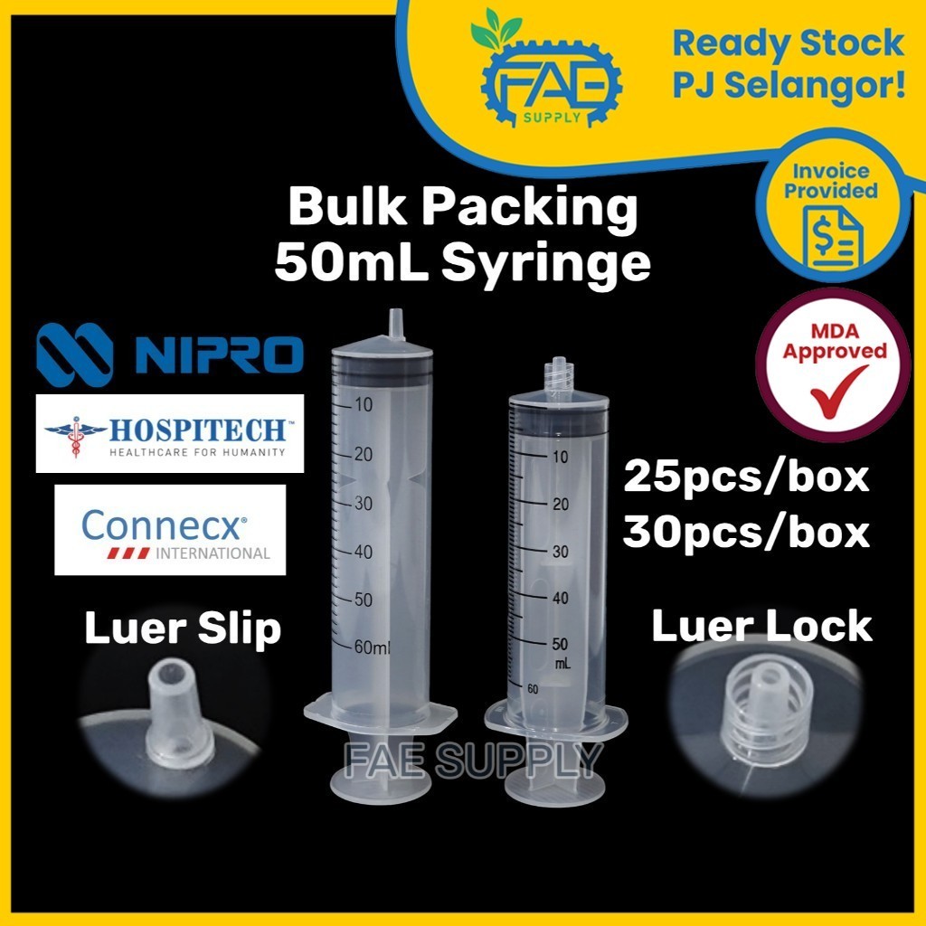 Syringe Picagari Luer Lock Luer Slip MDA 50 mL CC box packing bulk NIPRO HOSPITECH CONNECX ...