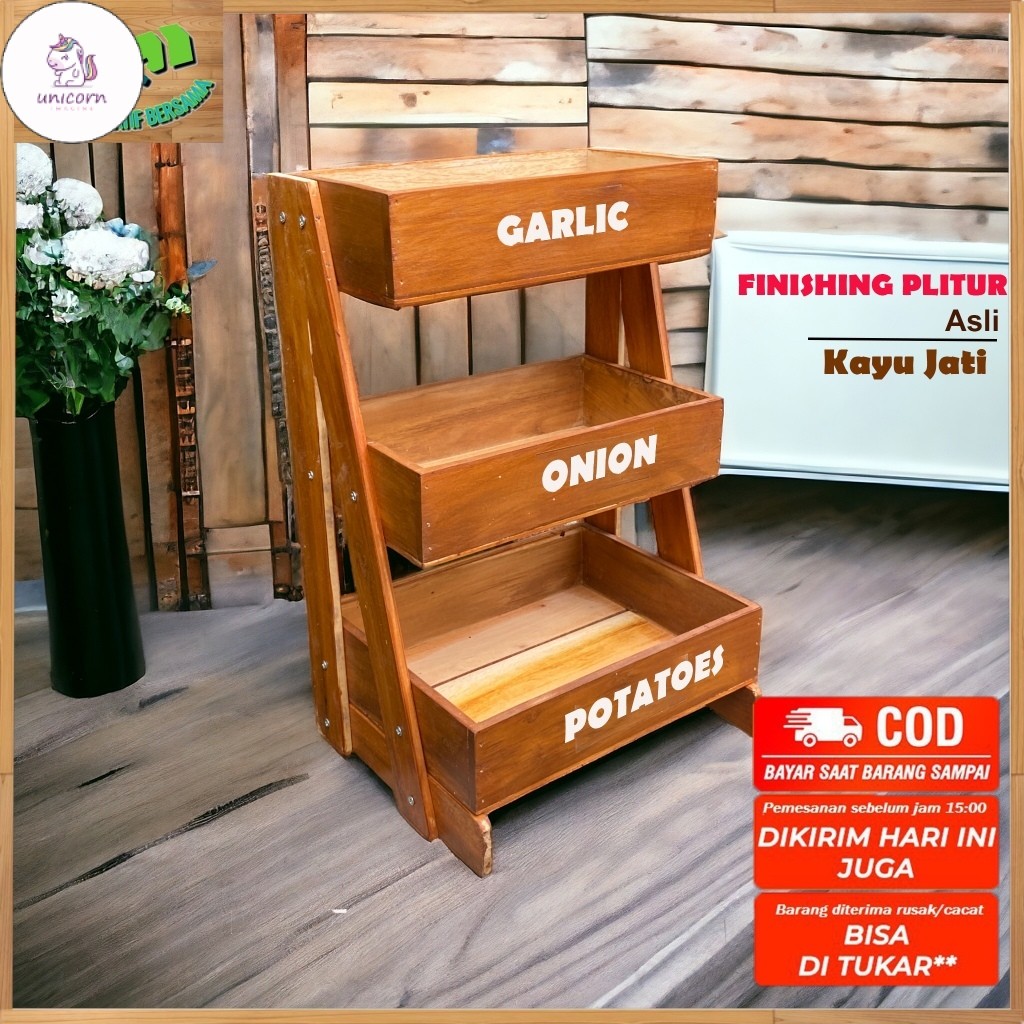 UN KAYU 3 Tier Teak Wood Onion Rack with Waterbased Polished Finish ...