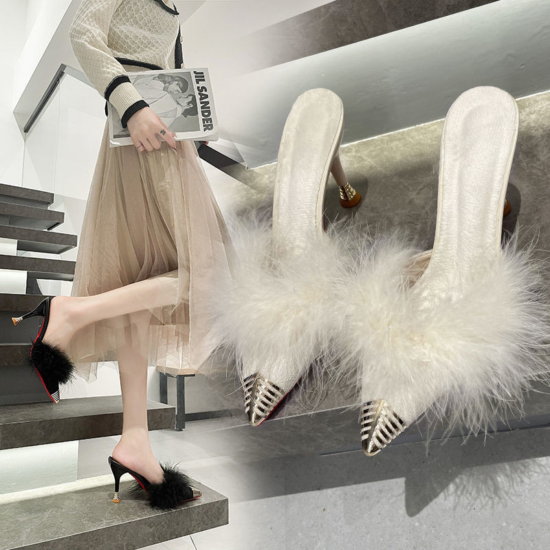 Furry High Heels Stiletto Heel Pointed Sexy Toe-Covered Half Slippers ...