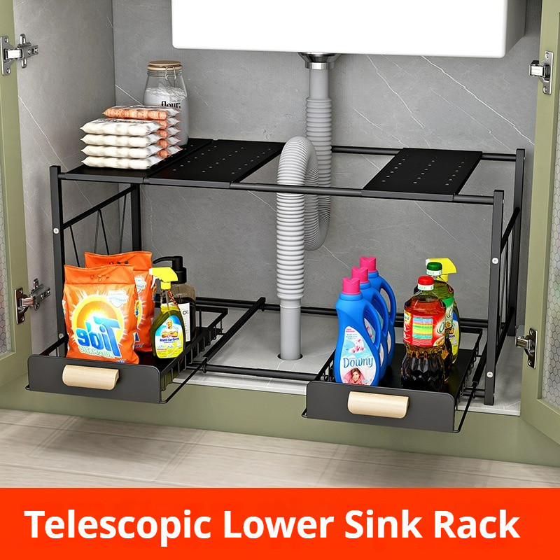 Kitchen Retractable Storage Rack Sink Storage Rack Cabinet Layered Rack ...
