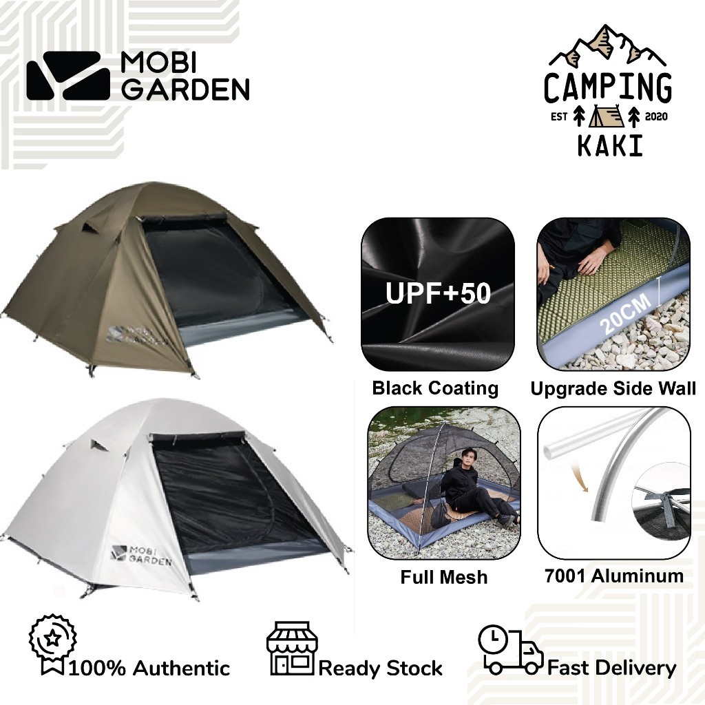 Mobi Garden Sunny 2/3 Person Tent With Black Coating Outdoor Waterproof ...