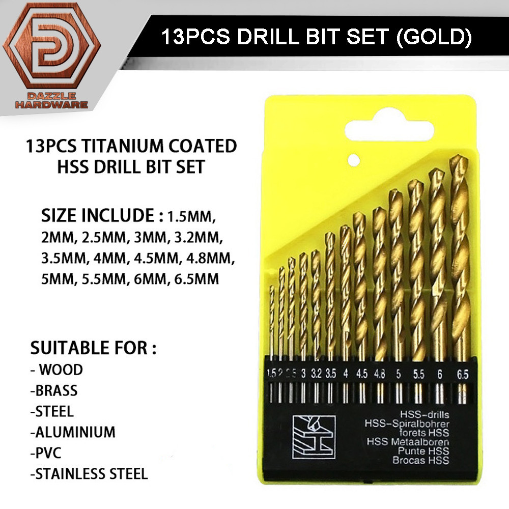 13pcs drill bit set gold steel drill bit set mata tebuk lubang besi ...