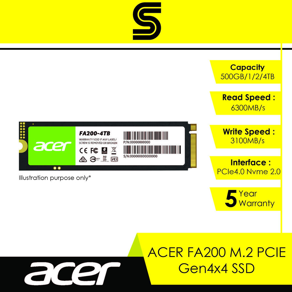 ACER FA200 M.2 PCIe Gen4x4 SSD NVMe 2.0 - 500GB/1TB/2TB/4TB | Shopee ...