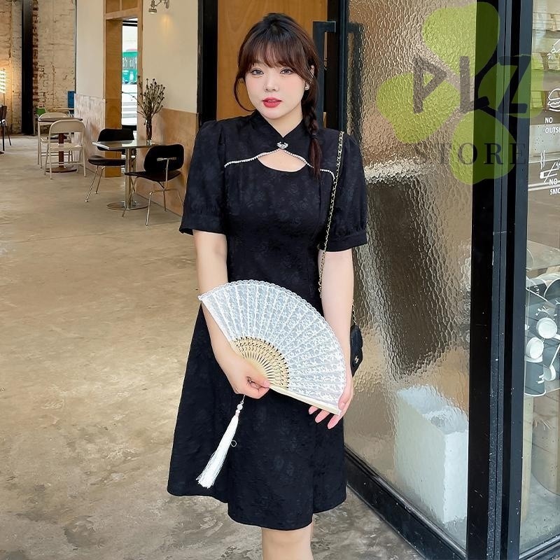 【M-5XL 40-150KG】大码女装胖MM200-300斤钉珠旗袍2022夏季新款复古显瘦气质连衣裙plus size extra large size oversize fat big ...