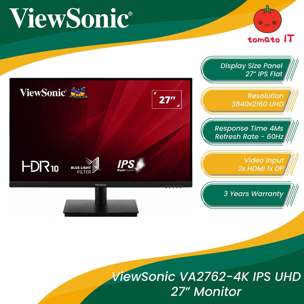 VIEWSONIC VA2762-4K UHD 27" IPS Monitor (60Hz/4ms/2x HDMI /1x DP/VESA ...