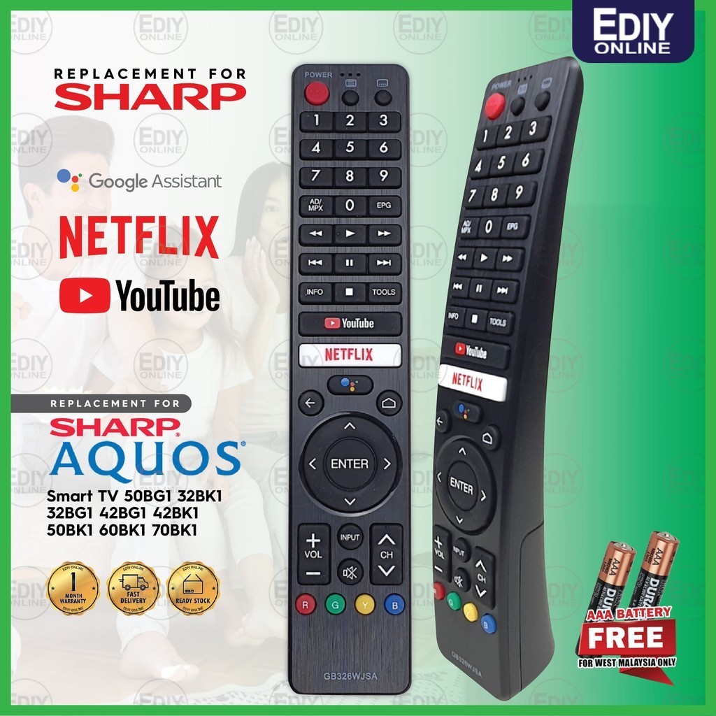 【𝐅𝐑𝐄𝐄 𝐁𝐀𝐓𝐓𝐄𝐑𝐘 𝐀𝐀𝐀𝐗𝟐】Replacement Remote Sharp GB326WJSA Youtube Netflix ...