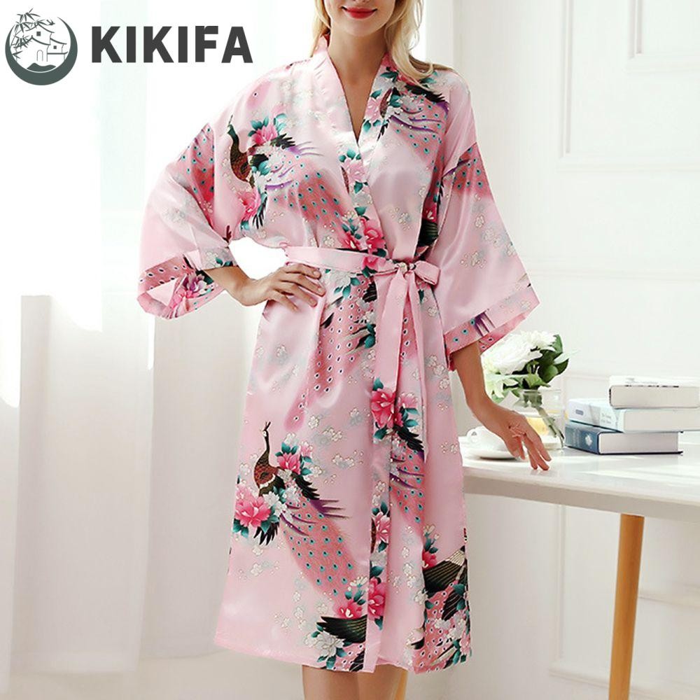 KIKIFA Nightwear Kimono Peacock Bridesmaid Robe Silk Bath Robe | Shopee ...