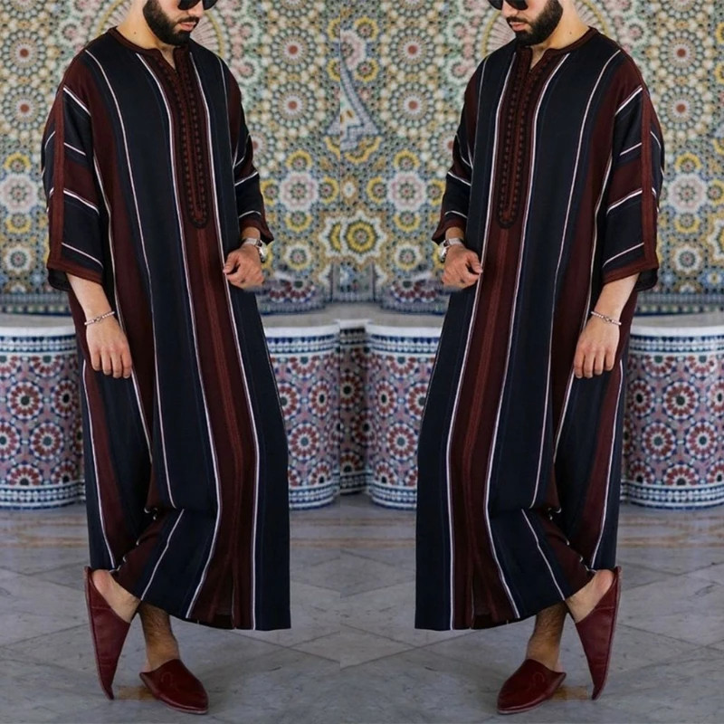 Men's Muslim Long Robes Islamic Stripe Printing Caftan Thobe Jalabiya ...