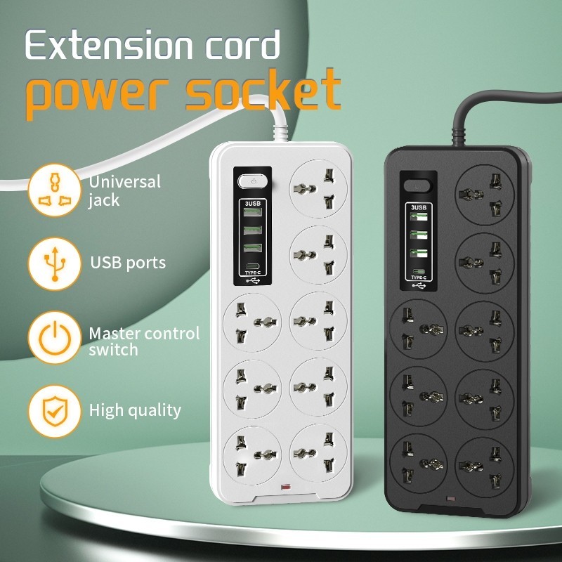 5M 3USB 8PORT 1TYPE-C Universal Power Strip Extension Plug Power Socket ...
