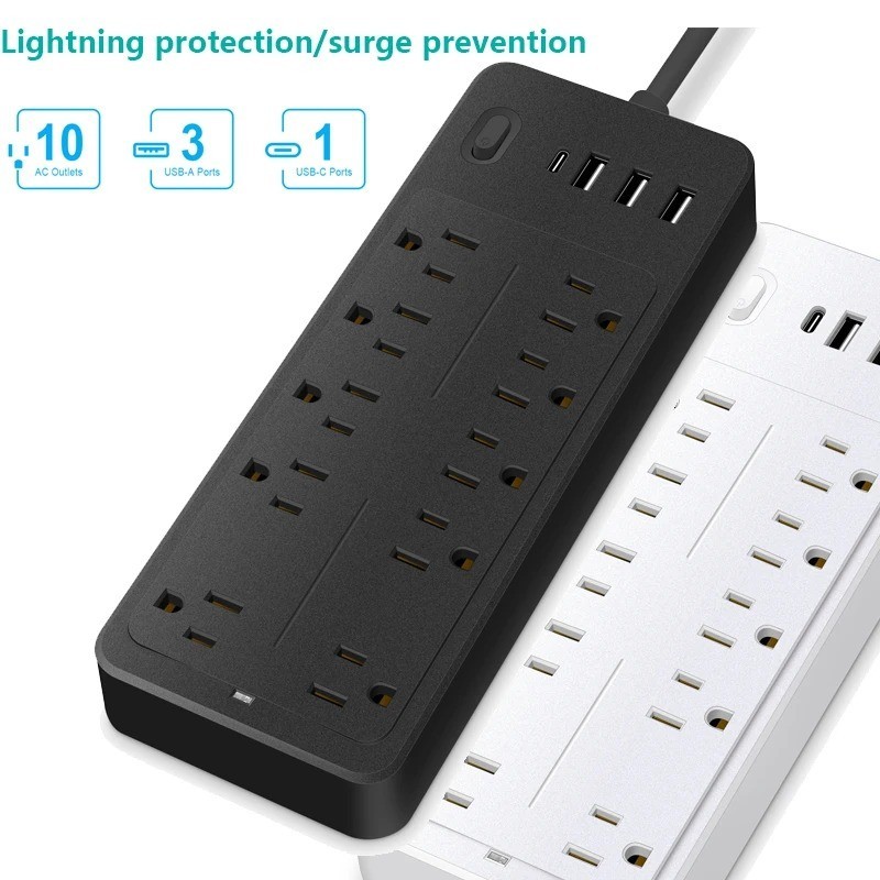 US Power Strip Electrical Sockets 10 Outlets 15A 2200W with 3 USB Type ...