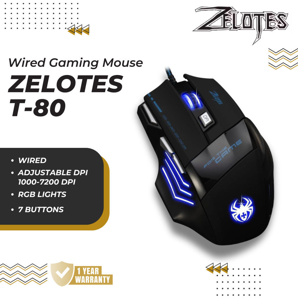 Zelotes T80 Ergonomic Gaming Mouse RGB 7200 DPI LED Optical Wired ...