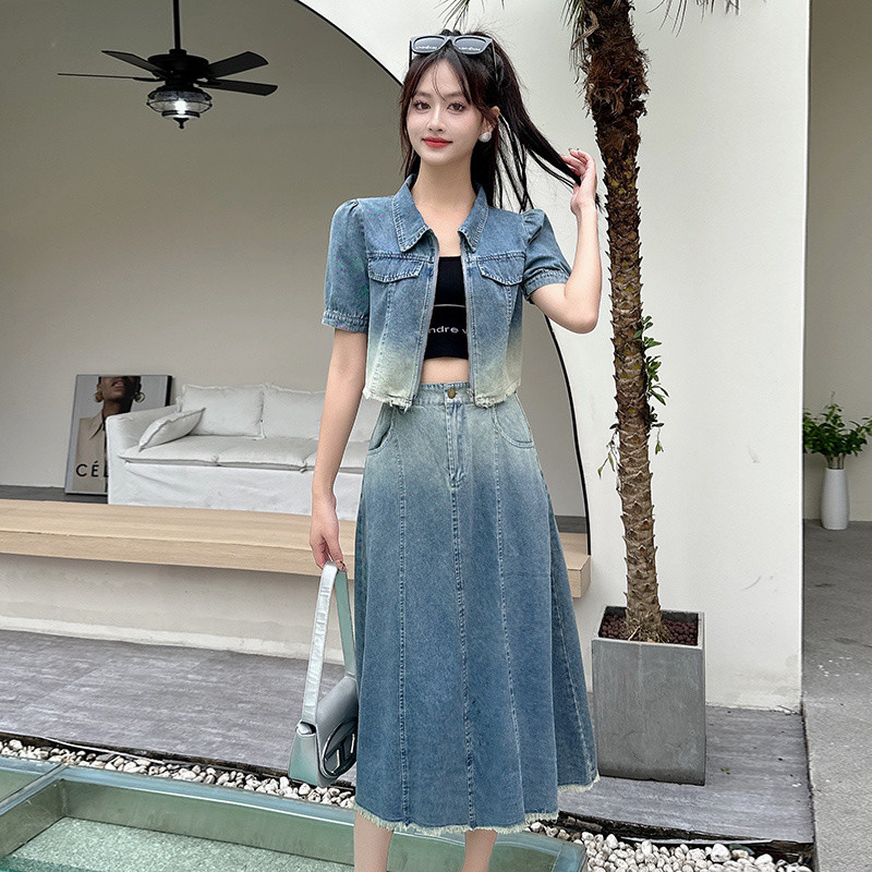 Retro Denim Suit Zipper Jacket Split Skirt Two-Piece Suit | Shopee Malaysia