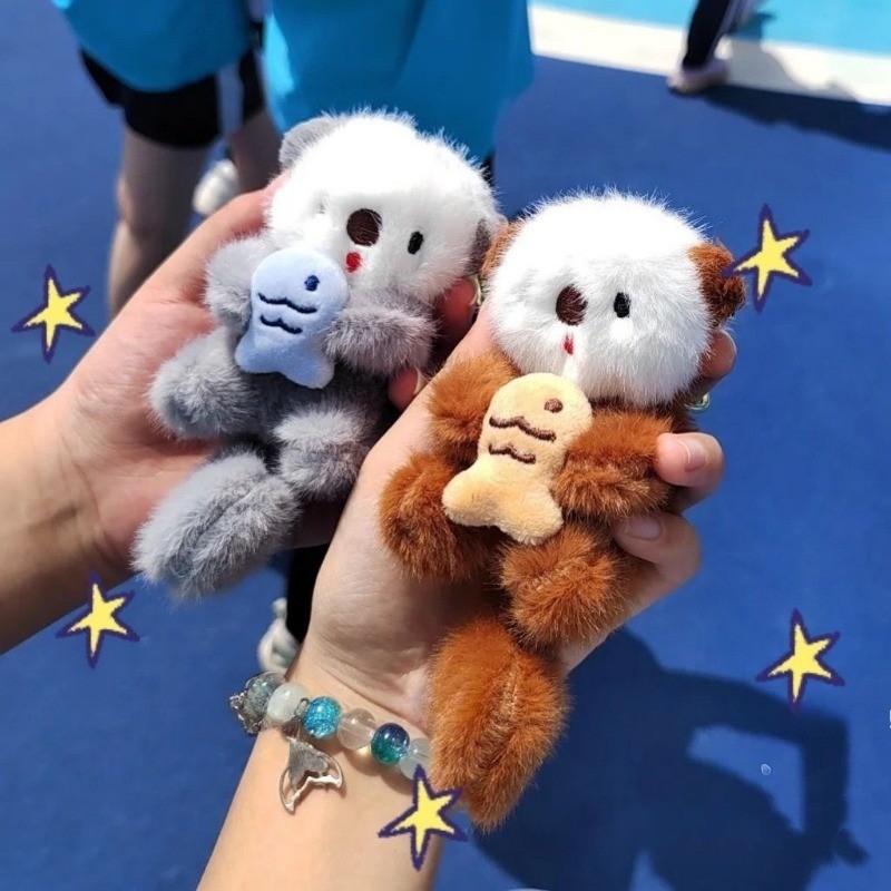 Cartoon Cute Otter Holding Fish Plush Keychain Creative Kawaii Key Ring ...