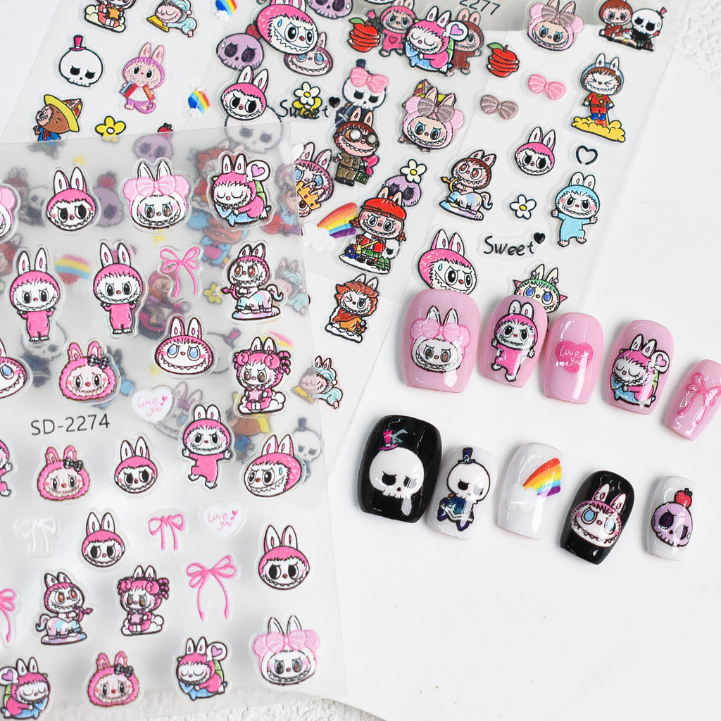 New Labubu trendy nail stickers cute cartoon 5D relief nail stickers 3D ...
