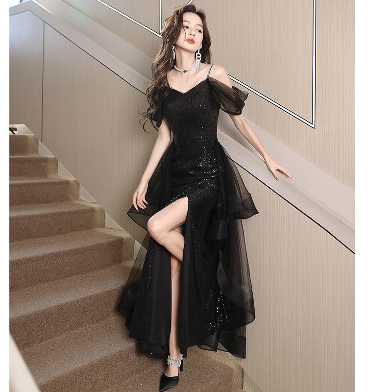One-shoulder Black Evening Dress Female High-End Feeling 2025 Student ...