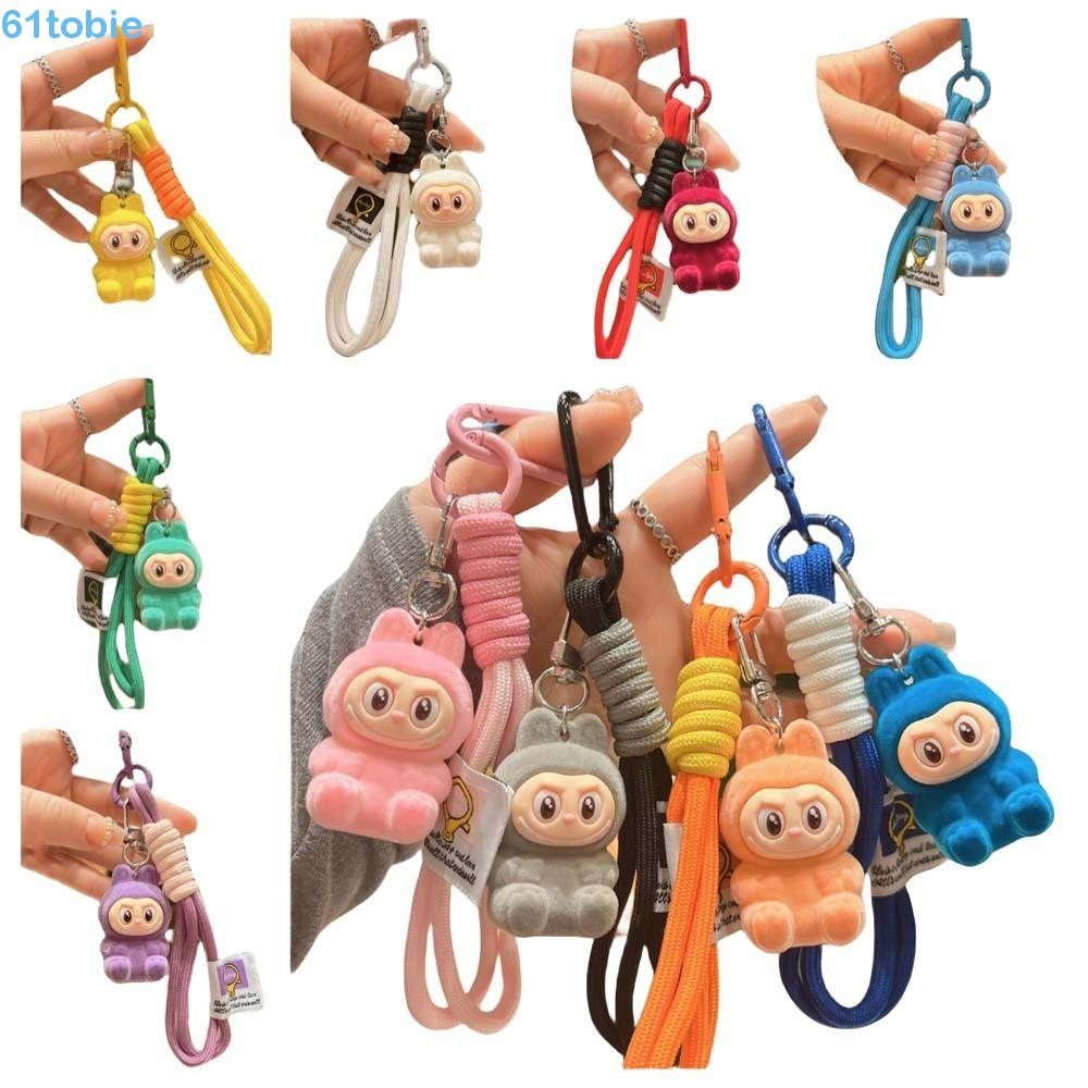 TOBIE Flocking Labubu Key Ring, Lanyard Hanging Rope Labubu Sit Down ...